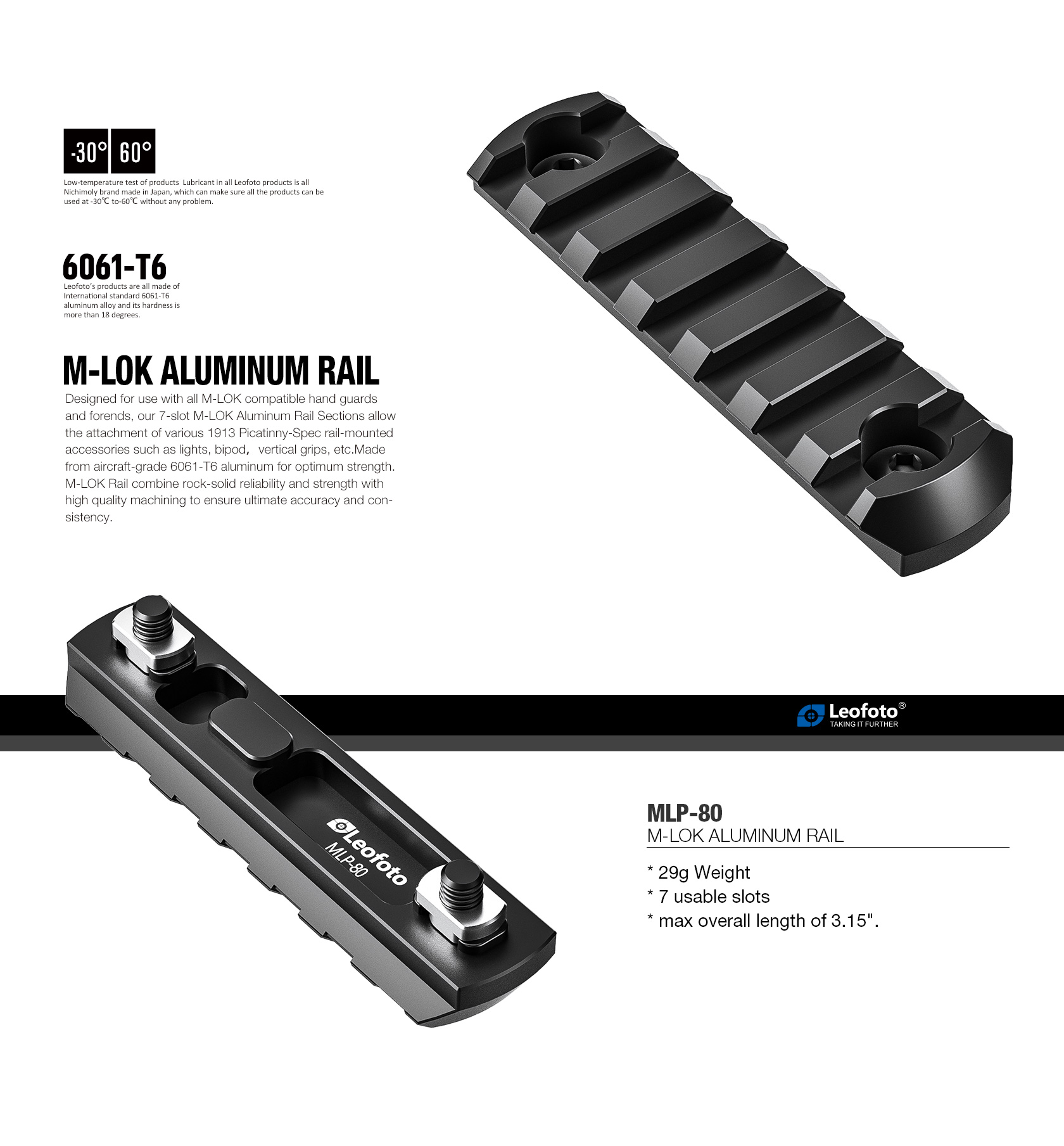 Leofoto MLP-80 M-LOK PICATINNY RAIL ALUMINUM 7 SLOT PLATE